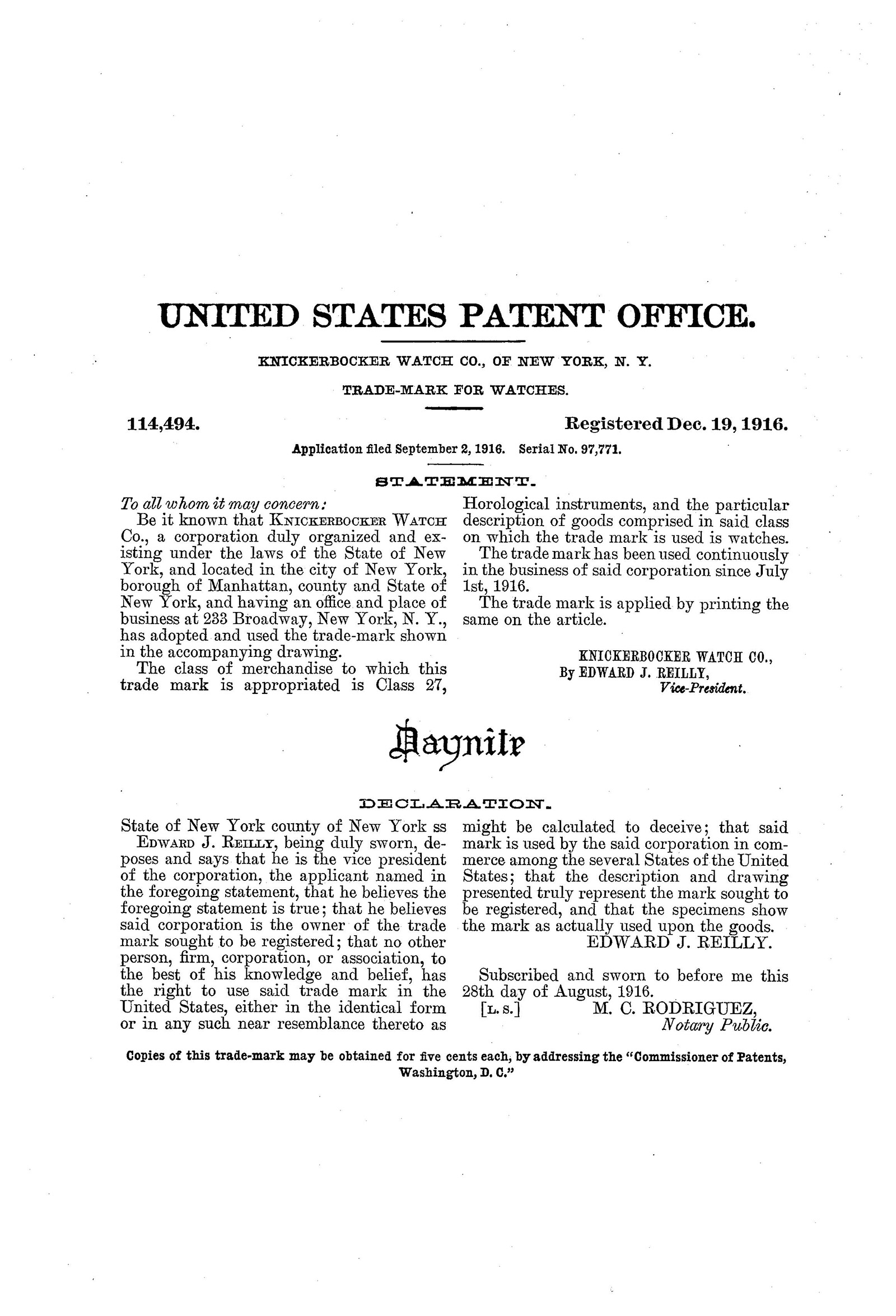 Trademark Watch Daynite by Knickerbocker Watch Co Issued Dec 19, 1916