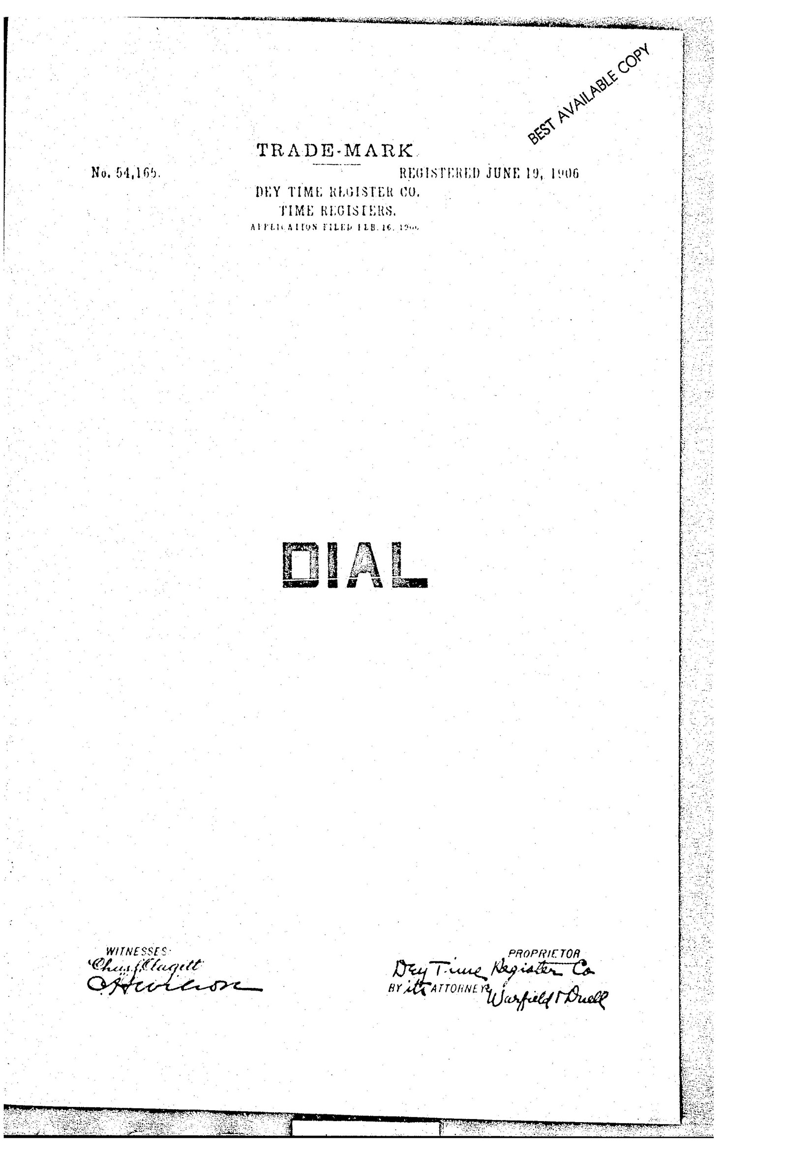 Trademark Time Register Dial by Dey Time Register Co Issued Jun 19, 1906